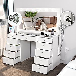Boahaus Orla Extra Large Makeup Vanity Desk with Lights Built-in, Power Outlet, 11 Drawers, Hollywood Vanity Mirror, Glass Top Vanity, Crystal Knobs, White Big Vanity, 61.02''Hx56.3''Wx20.08''D