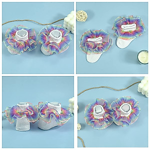 Hopply Toddler Girls Double Lace Socks Turn Cuff Shimmering Big Ruffle Rainbow Style Dress Lace Socks for Infant Kids