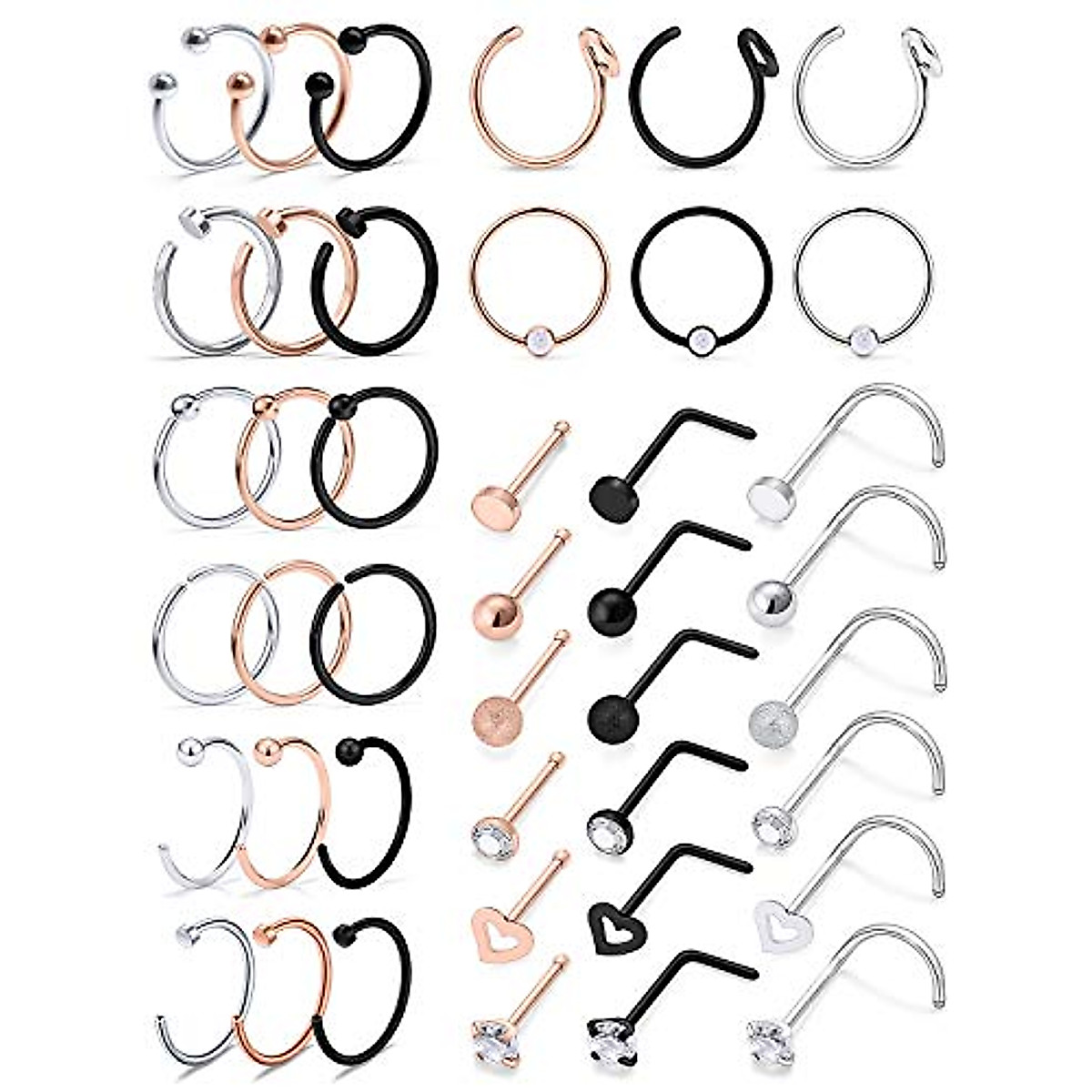 SCERRING 20G Nose Rings Hoop Stainless Steel Bone L Shaped Screw CZ Heart Nose Studs Cartilage Tragus Earrings Piercing Ring Hoop Body Jewelry Set 48PCS Mix Color 1#