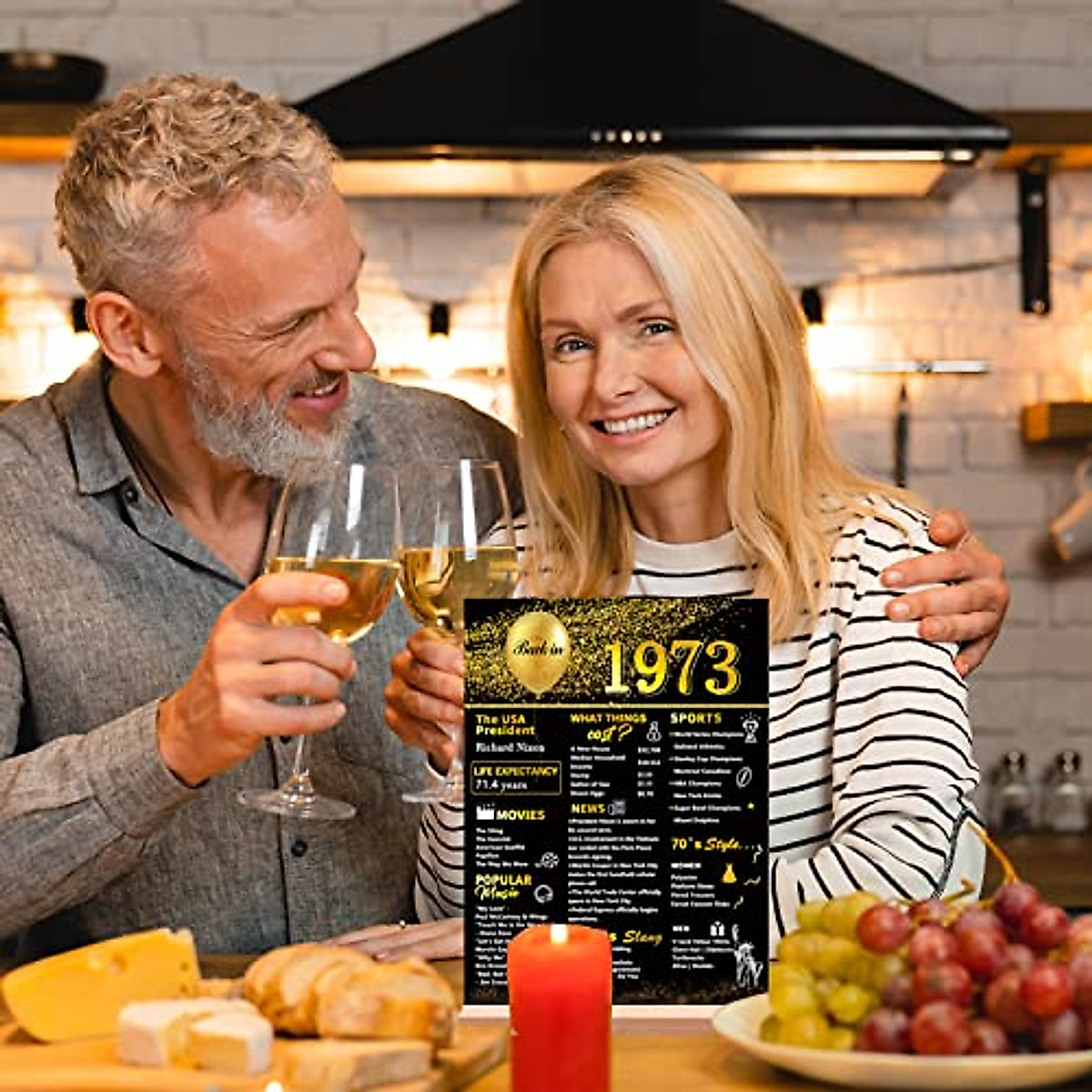 Vlipoeasn Large Size 1973 Poster 50th Birthday Anniversary Table Decoration for Women, Black Gold Duplex Print Back in 1973 Acrylic Table Sign with Wooden Stand, 50 Year Old Birthday Gifts for Women