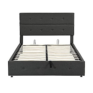 Lift Up Bed with Storage, Platform Bed Frame Full Size with Headboard, Lift Up Storage Bed with, Full Upholstered Bed with Hydraulic Storage System, Grey（Button-Tufted）