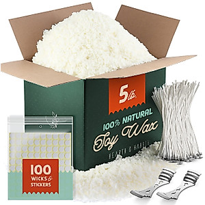 Hearth & Harbor Soy Candle Wax for Candle Making - Natural Soy Wax for Candle Making 5 lb Bag, Premium Soy Wax Flakes, 100 Cotton Candle Wicks, 100 Wick Stickers, & 2 Centering Devices