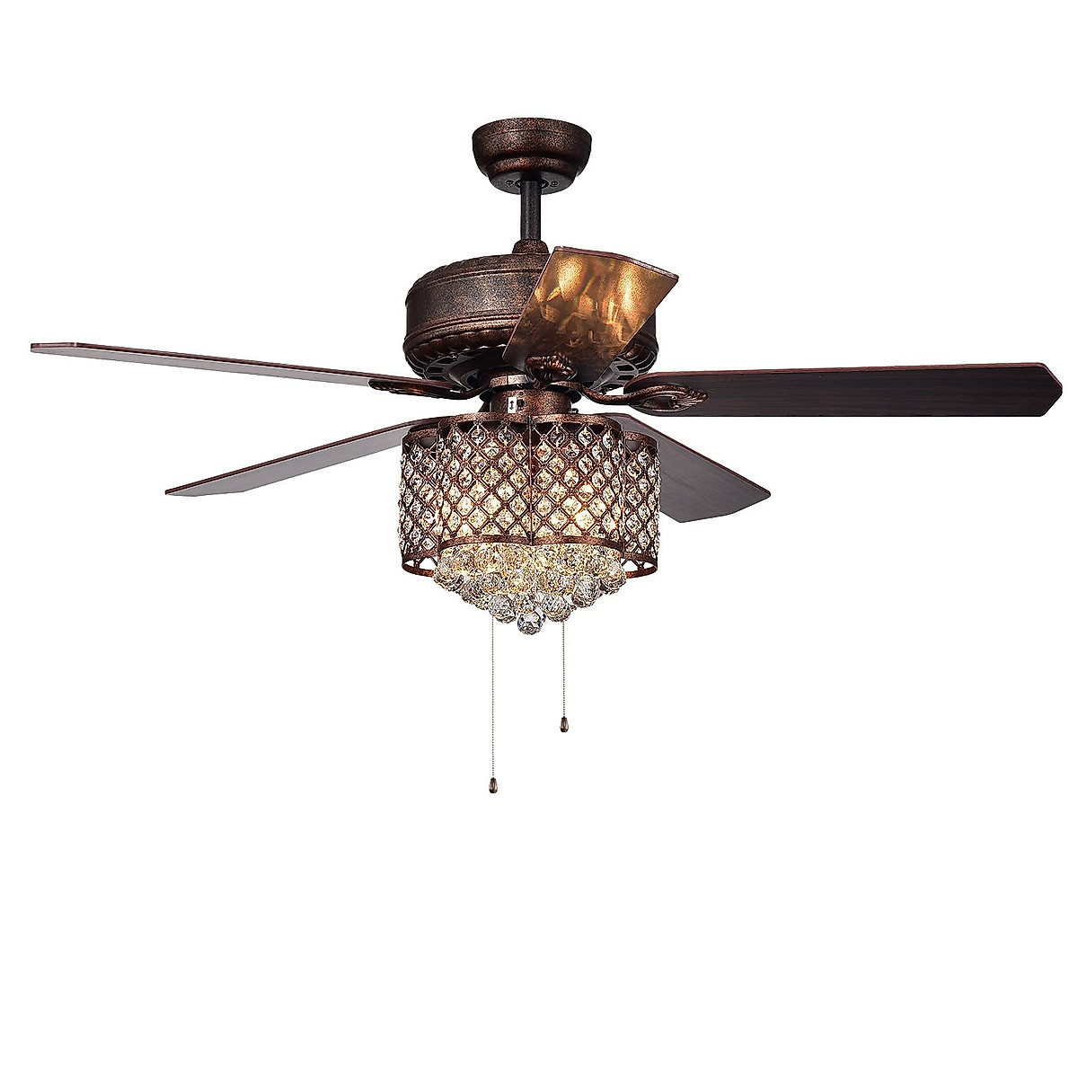 Neatmeat Crystal Ceiling Fans with Lights 52'' Chandelier Ceiling Fan with Pull Chain Control Flush Mount Vintage Bronze Ceiling Fan with 5 Reverse Wood Blades for Bedroom Living Room Dining Room