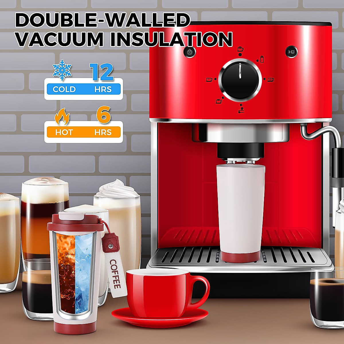 LATTPLYN Travel Coffee Mug, 18 oz Insulated Coffee Cup with Lid, Leakproof Stainless Steel Double-Wall Insulation Coffee Tumbler Cup For Hot/Ice Coffee Tea Vacuum Thermal Thermos(Beige+Red,18 oz)