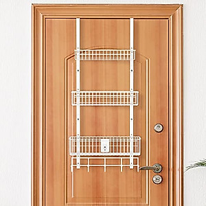 Over The Door Basket Organizer 3 Tier Hanging Kitchen Storage Rack Heavy Duty Pantry Organizer with 3 Basket and 5 Hooks Door Back Metal Wire Basket for Kitchen, Bathroom, Office, White