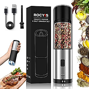Rocyis USB Rechargeable Electric Salt and Pepper Grinder-Gravity Automatic Spice Mill w/LED Light, Adjustable Coarseness, One Hand Operated Smart Kitchen Gadgets, Silver