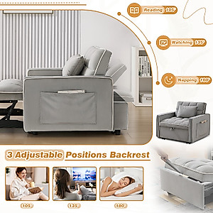 GEEVIVO 35-inch Futon Sofa Chair with Pull Out Bed, Modern Tufted Velvet 3 in 1 Convertible Sleeper Sofa Chair with a Pillow for Small Space, Living Room, Apartment, Bedroom, Grey