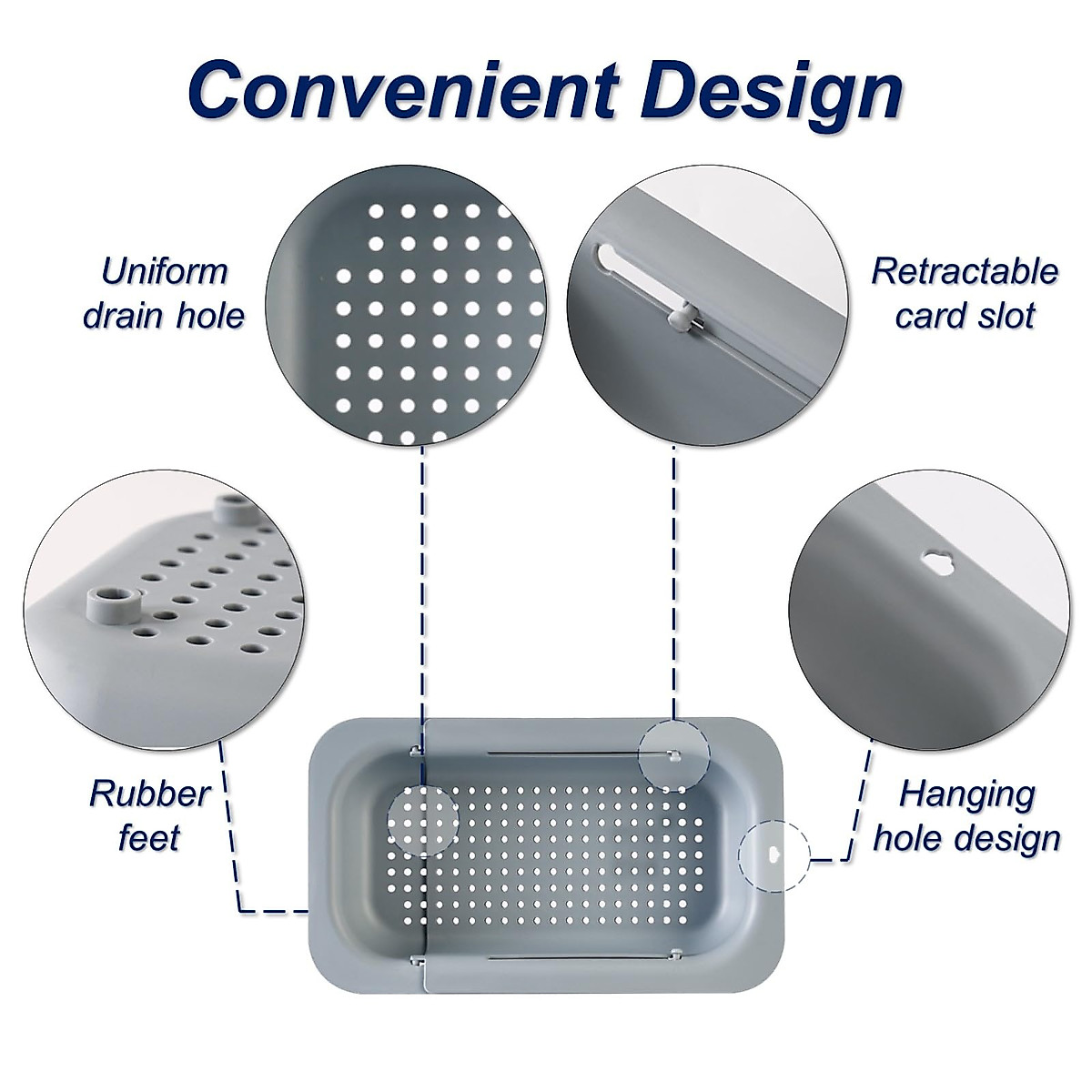 YUNKWONG Extendable Sink Colander Strainer Basket - Wash Vegetables and Fruits, Drain Cooked Pasta and Dry Dishes - Adjustable Over the Sink Colander Collapsible Drainer Basket -Gray