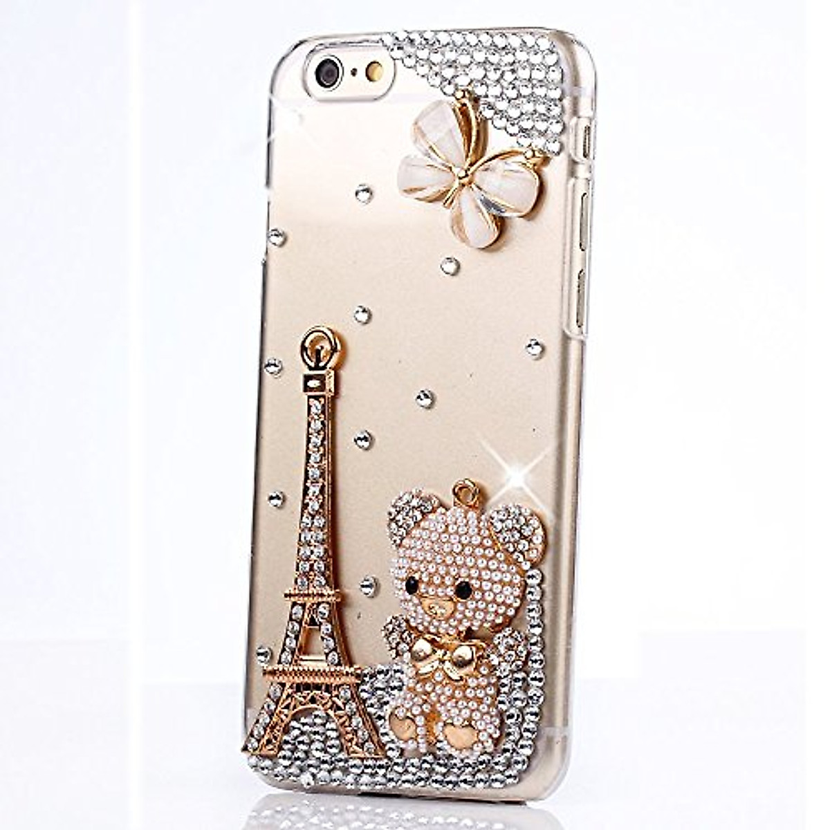 STENES iPod Touch 5/6th Case - [Luxurious Series] 3D Handmade Shiny Crystal Sparkle Bling Case with Retro Bowknot Anti Dust Plug - Crystal Eiffel Tower Bow Tie Pearl Bear Butterfly