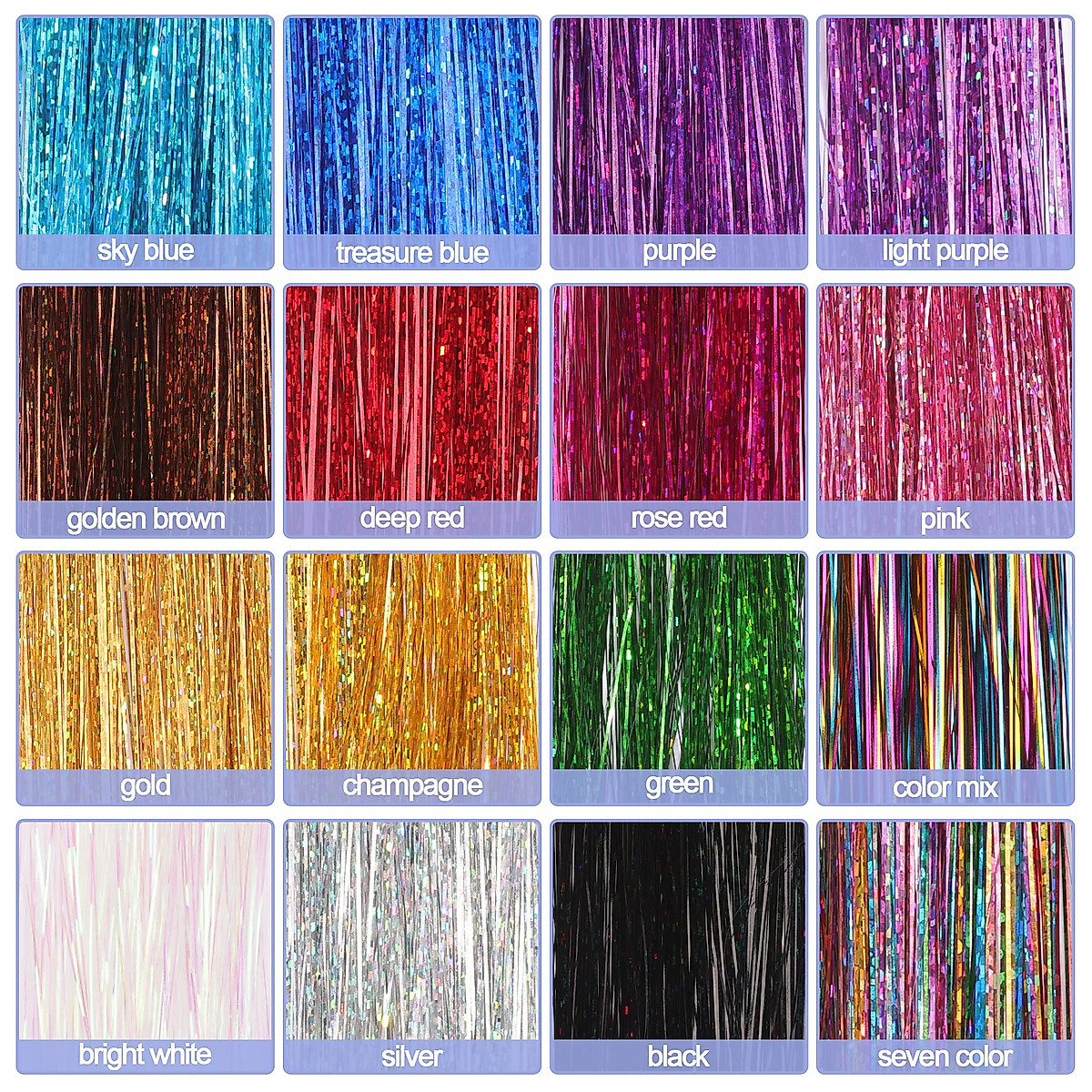 16 Colors Hair Tinsel Kit, ELASO 48 Inches 3300 Strands Tinsel Hair Extensions, Fairy Hair Tinsel for Christmas Halloween Cosplay Party, Highlights Sparkling Glitter Hair