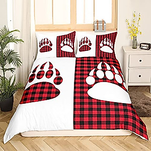 Manfei Kids Bear Paw Print Duvet Cover Set Full Size, Wildlife Footprint Bedding Set 3pcs for Boys Girls Room Decor, Red Black Plaid Print Comforter Cover Animal Theme Quilt Cover with 2 Pillowcases