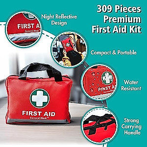 General Medi First Aid Kit -309 Pieces- Reflective Bag Design - Including Bandages, Moleskin Pad and Emergency Blanket for Travel, Home, Office, Car, Camping, Workplace