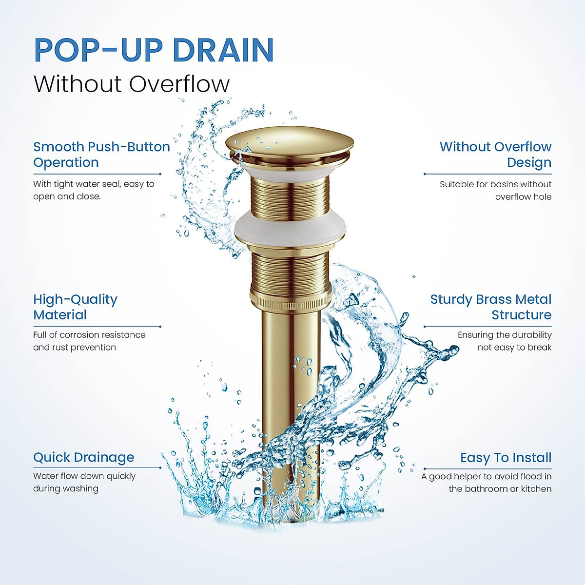 KIBI Bathroom Sink Pop Up Drain Without Overflow (Full Cover) | Lavatory Vanity Drain Stopper (Brushed Gold) (KPW103)