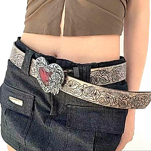 Rsleepd Retro Pattern Heart Belt, Fashion Printing Belt with Heart Buckle Adjustable Punk Belt for Women