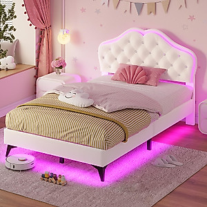 ADORNEVE Twin Bed Frame with RGB LED Lights, Princess Bed Frame with Adjustable Crystal Button Headboard, Velet Upholstered Platform Bed for Girls, Solid Wooden Slats, Easy Assembly, Creamy White