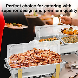 Restlrious Chafing Dish Buffet Set with Roll Top Plastic Cover 2 Pack, Stainless Steel 8 QT Rectangular Chafers and Buffet Warmers Complete Set w/Food Pan Water Pan, Fuel Holder in Gold Accent