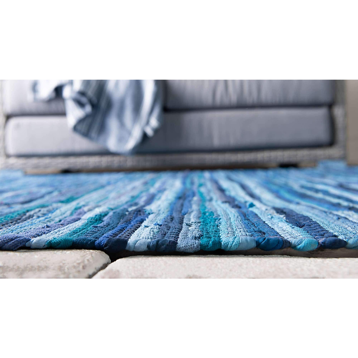 Unique Loom Chindi Cotton Collection Soft Hand Woven Natural Fiber Striped Area Rug, 2 ft 2 in x 3 ft, Navy Blue/Ivory