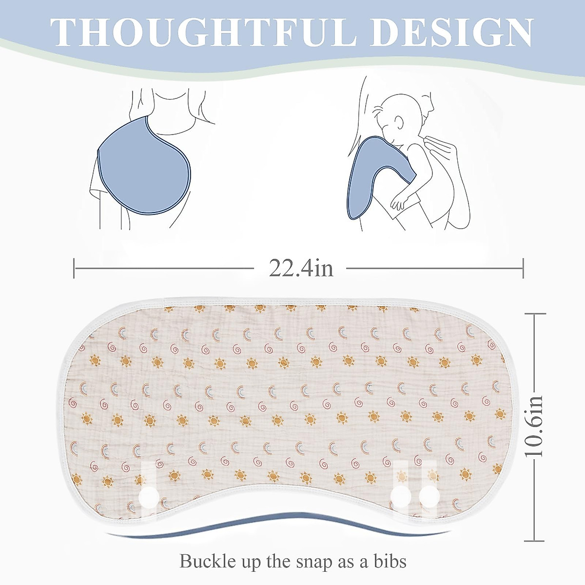 COTTONBEBE Muslin Burp Cloths with Snaps, Multi-Use Burpy Bib 100% Natural Cotton，Large 22"X11" Extra Absorbent Burping Cloth for Baby Girl & Boy, Safari & Rainbow & White
