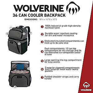 WOLVERINE 36 Can Cooler Backpack with Durable Nailhead Nylon, Dual Compartment Cooler & Dry Storage, Padded Mesh Back Panel, & Exterior Water Bottle Pockets