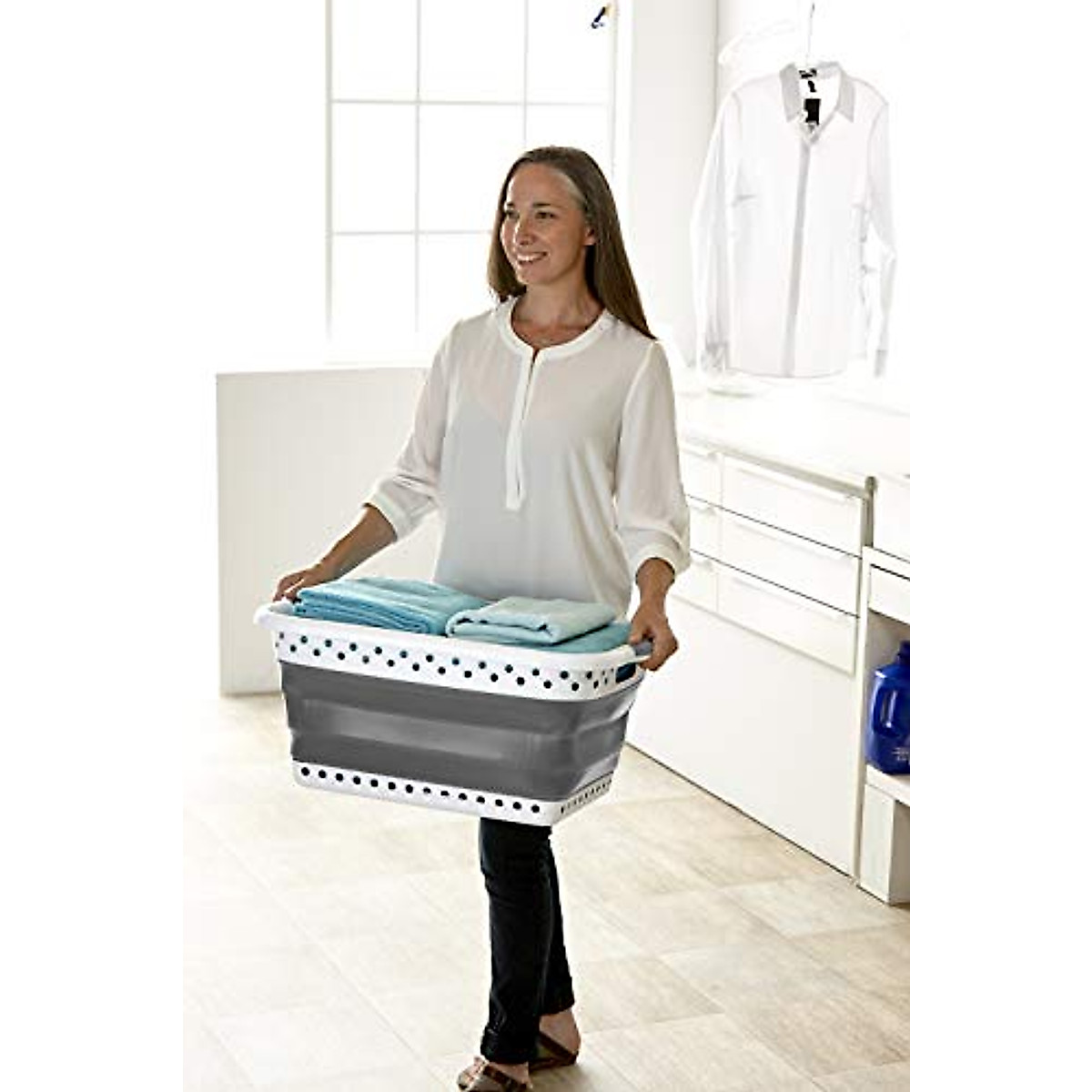 Pop & Load Collapse & Store Collapsible Basket Ultra-Slim Utility 25" High Dual Handle Rectangular/Folds to 3" in Grey Onyx POP & LOAD- LAUNDRY, Large Rect-2