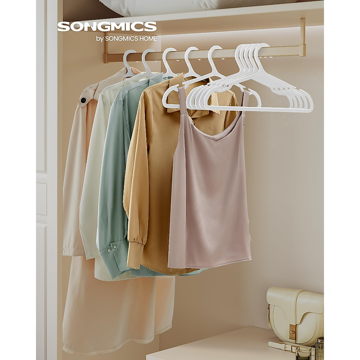 SONGMICS Clothes Hangers, Pack of 50, Plastic Hangers, with Wide Shoulder Notches, Space-Saving Coat Hangers, 16.4 Inches Wide, for Closet, Cloud White UCRP010W01