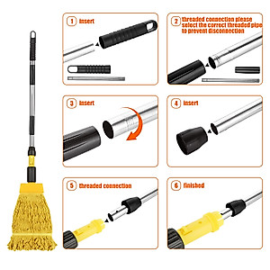 Commercial String Mop, Looped-End String Wet Mop with Extra Mop Heads Replacement, 57inch Mop Handle, Heavy Duty Industrial Commercial Mop for Home, Garage, Office Floor Cleaning, Blue/Yellow