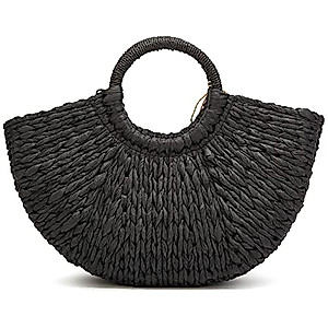 Women Straw Bag Large Woven Tote Bag with Pendant Round Handle Tote Retro Purse Hobo Summer Beach Handbag