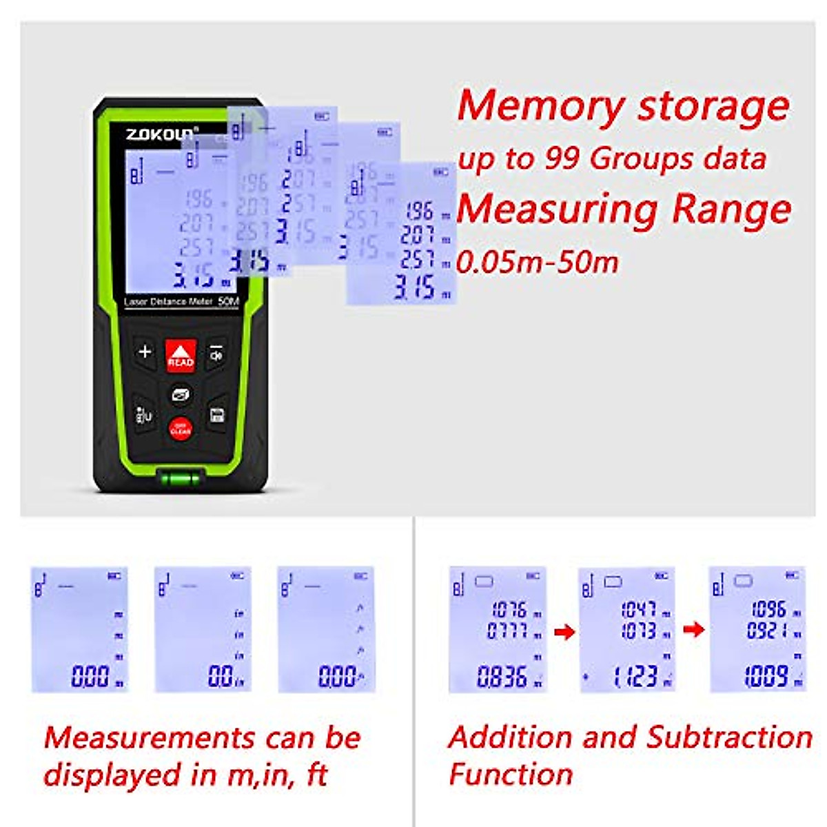 Zokoun Laser Distance Measure 165Ft, Backlit LCD, M/in/Ft with High Accuracy Pythagorean Mode, Measure Distance, Area and Volume, Record Storage 99 Data and Include 2 AAA Battery (CS50)