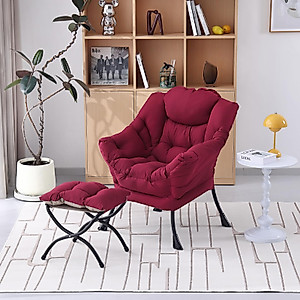 Welnow Lazy Chair with Ottoman, Modern Lounge Accent Chair with Armrests and a Side Pocket, Leisure Upholstered Sofa Chair Set, Reading Chair with Footrest for Small Space, Burgundy