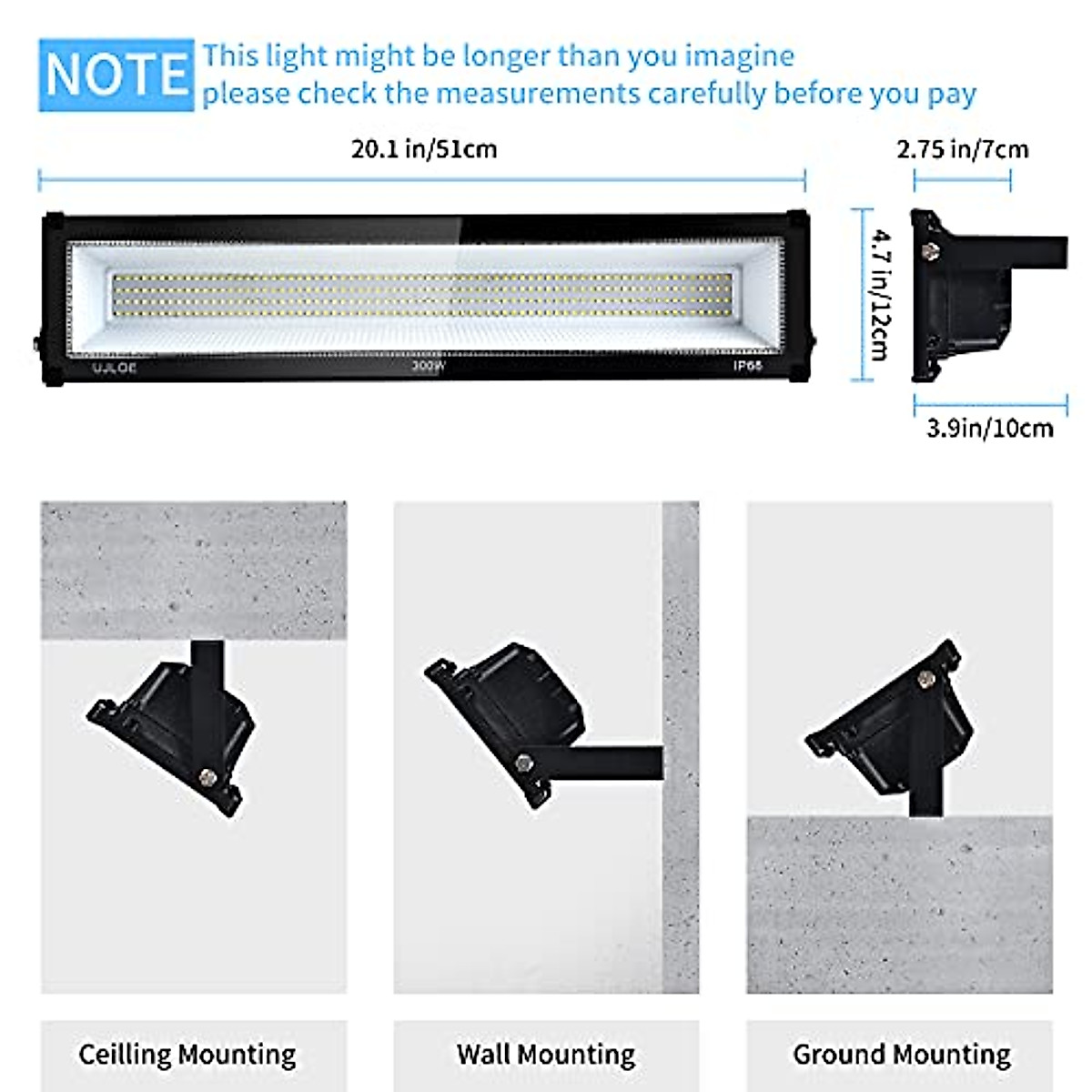 UJLOE 300W LED Flood Lights Outdoor, IP66 Waterproof, 33000LM, 100V-120V, Super Bright Outdoor Security Lights, 6000K Daylight White, Floodlights for Backyard, Garage, Garden, Lawn
