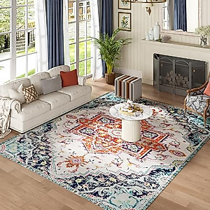 OIGAE Washable Rug 5x7 for Living Room Fluffy Boho Vintage Area Rug for Bedroom Dinning Room Office Non-Shedding Indoor Rug Home Decor,Orange