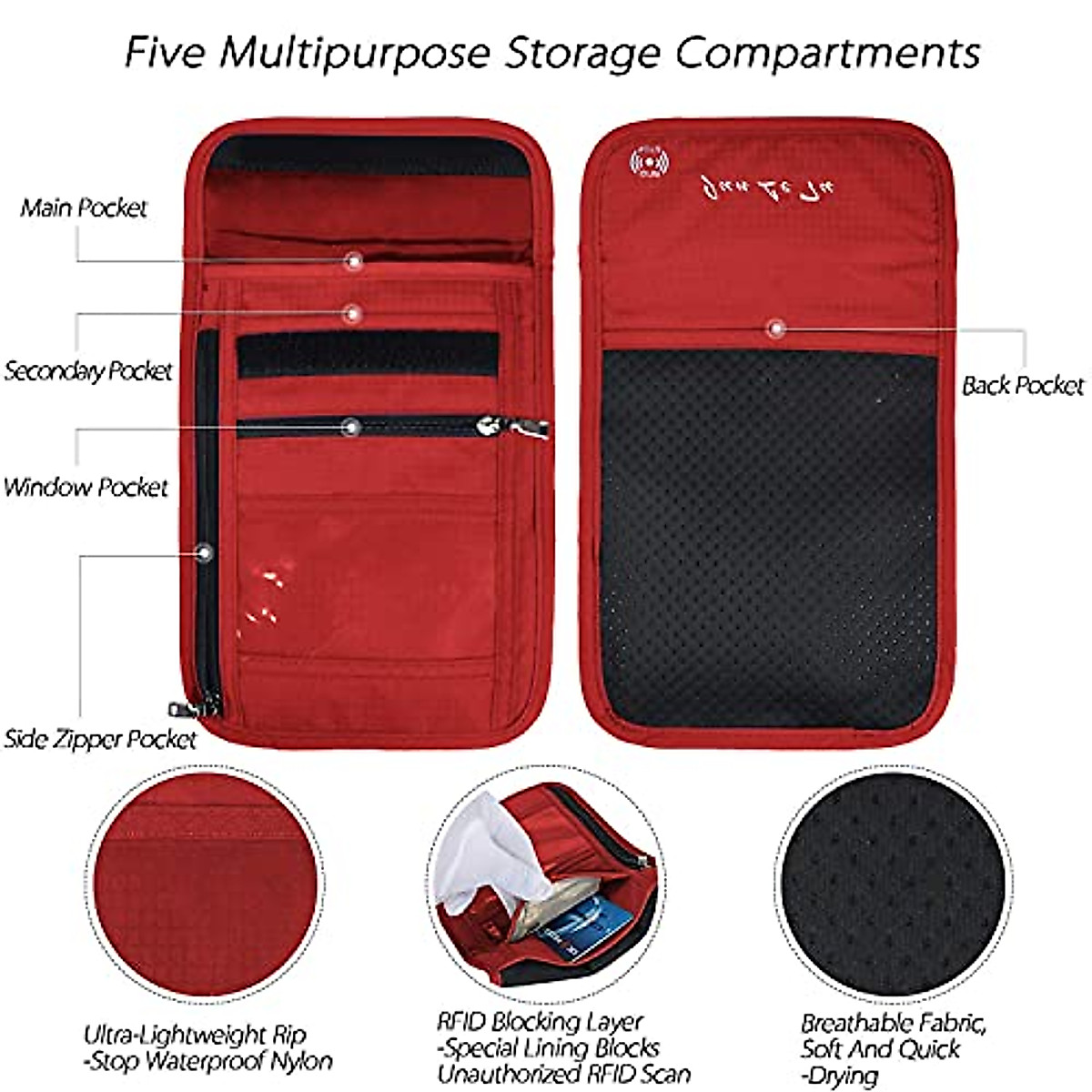 OMYSTYLE Travel Neck Pouch, RFID Passport Holder with Adjustable Neck Strap, Waterproof Neck Wallet for Men & Women to Keep Cash, Credit Cards and Documents Safe, Red