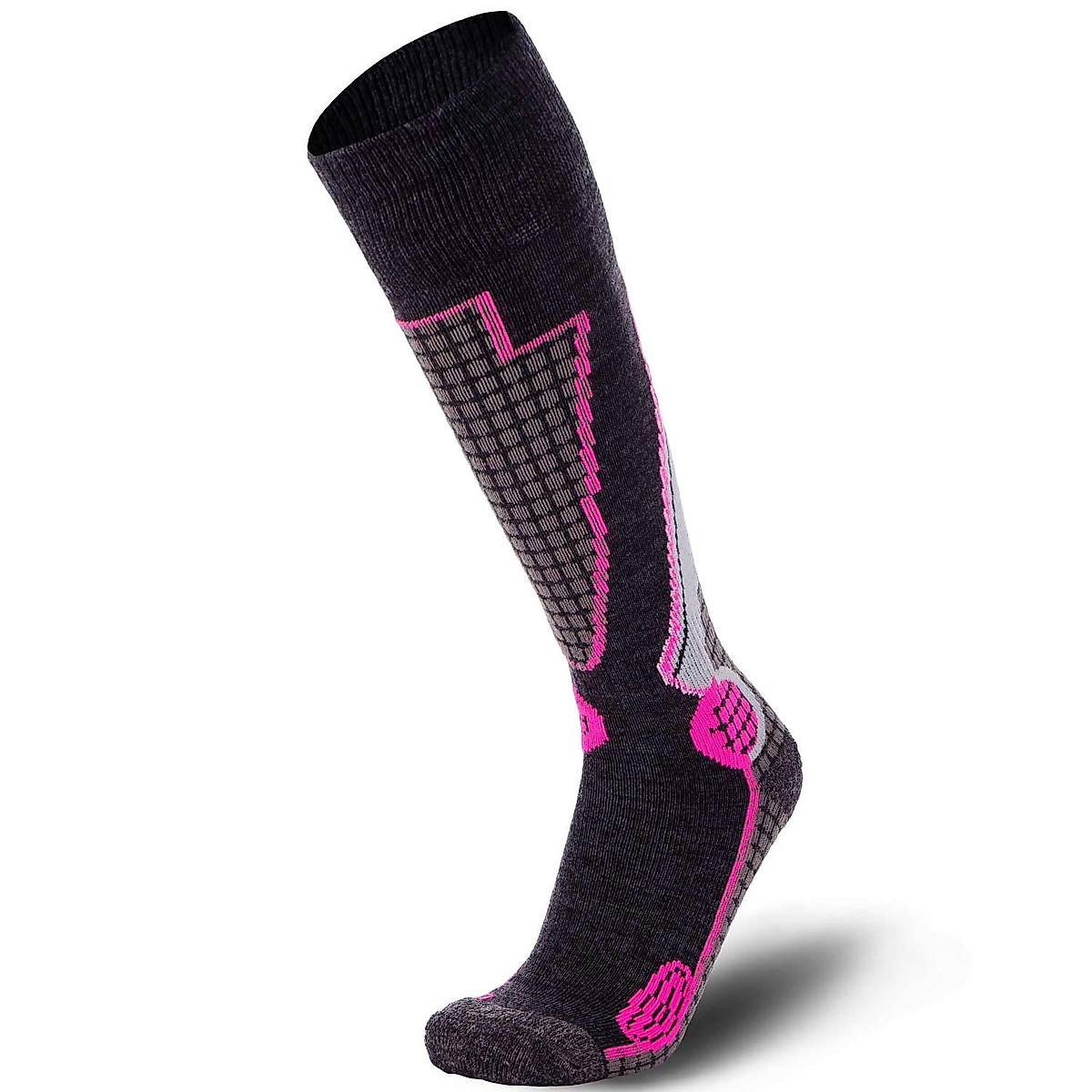 Pure Athlete High Performance Wool Ski Socks - Thermal Warm Merino Wool OTC Sock, Men Women (1 Pair - Black/Grey/Neon Pink, Medium)