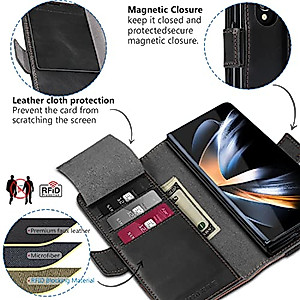 KEZiHOME Samsung Galaxy Z Fold 4 Case, Genuine Leather Galaxy Z Fold 4 Wallet Case [RFID Blocking] with Card Holder Flip Kickstand Magnetic Case Compatible with Samsung Z Fold 4 5G (Black/Brown)