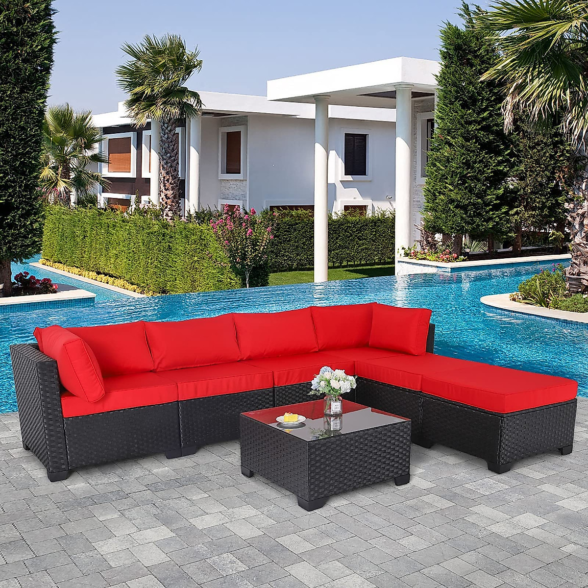 Lviden 7 Pieces Outdoor PE Wicker Furniture Set Patio Rattan Sectional Conversation Sofa Set with Red Cushions and Glass Top Table