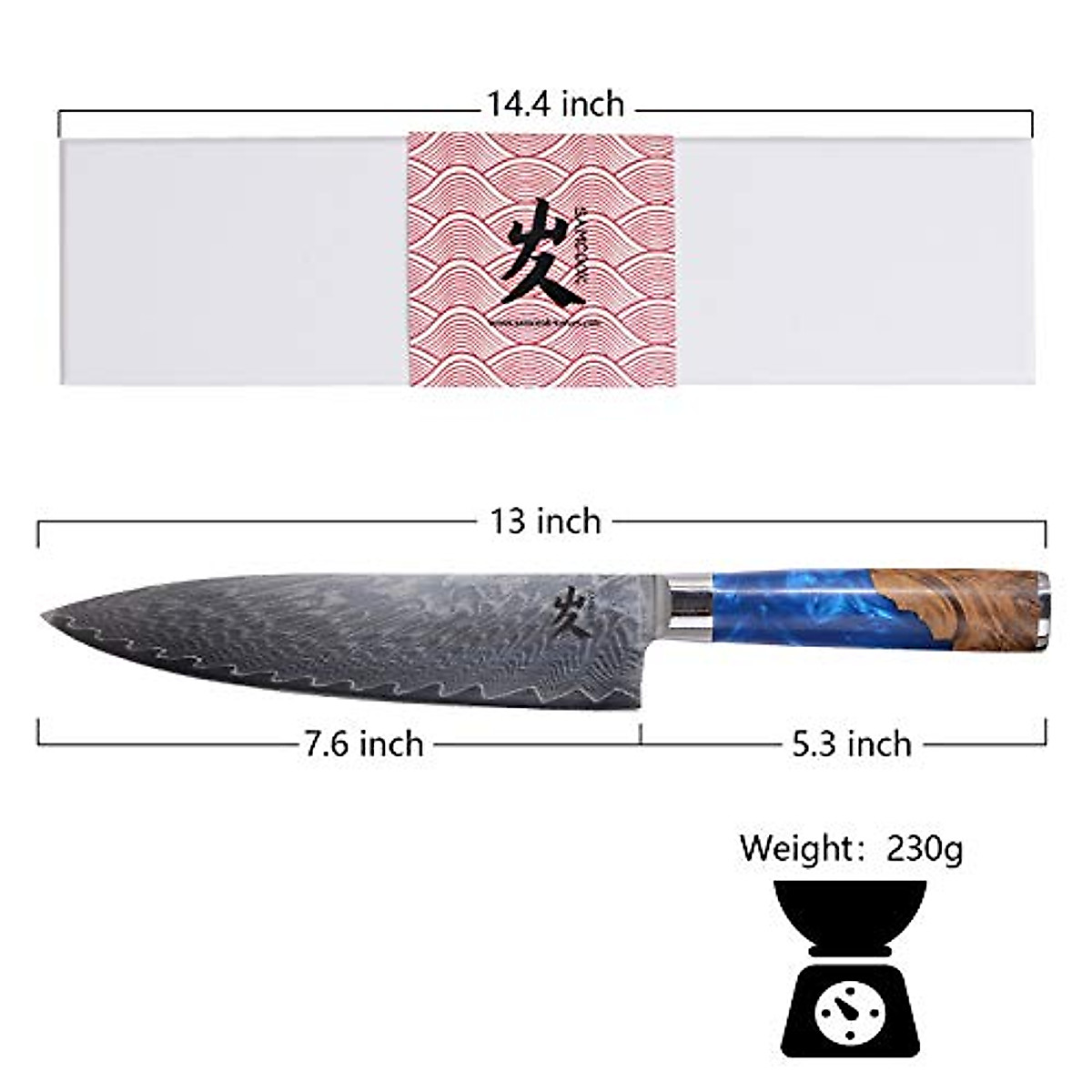 SAMCOOK Chef Knife - 8 Inch Professional Sharp Gyuto Knife - Japanese VG-10 Damascus High Carbon Stainless Steel Kitchen Cooking knife - Ergonomic Blue Resin Wood Handle with Gift Box