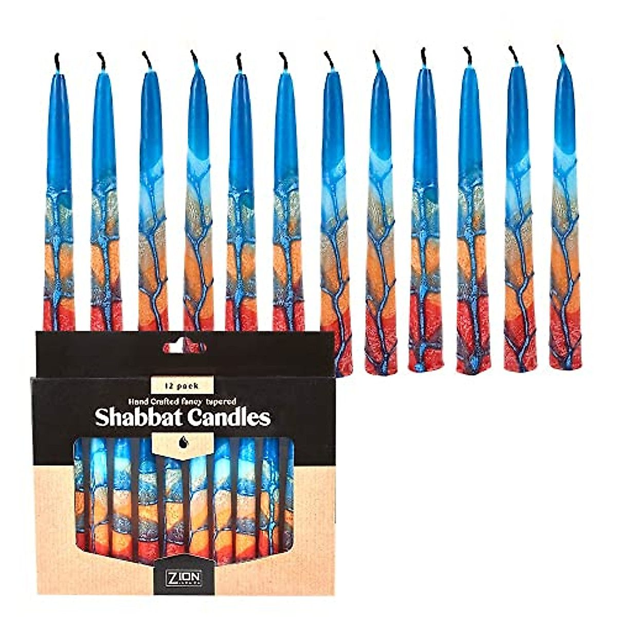 Zion Judaica Artistic Shabbat Candles 5.5 Inch Tall Hand Crafted 12 Pack for Weddings, Anniversary, Holidays, Celebration, Home Décor Burns 2.5 Hours - Dusk Reflection