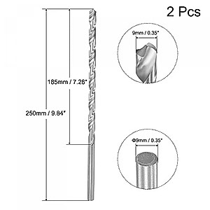 uxcell HSS(High Speed Steel) Extra Long Twist Drill Bits, 9mm Drill Diameter 250mm Length for Hardened Metal Woodwork Plastic Aluminum Alloy 2 Pcs