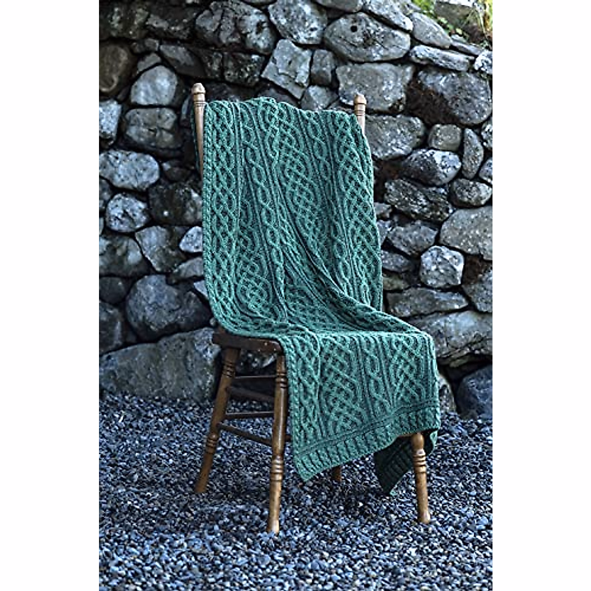 Carraig Donn Irish Cable Knit Blanket Celtic Aran Throw - 100% Merino Wool Made in Ireland - 40"x 55" (102 x 140 cm)(Kiwi/Connemara Green)