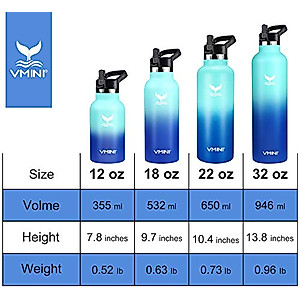 Vmini Water Bottle - Standard Mouth Stainless Steel & Vacuum Insulated Bottle, New Straw Lid with Wide Handle, Gradient Mint+Blue & 22 oz