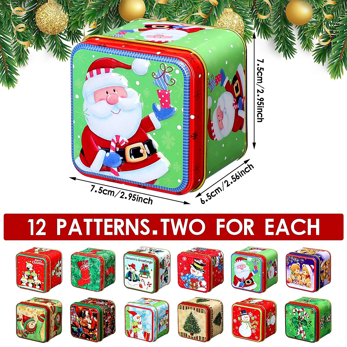 Domensi 24 Pcs Christmas Cookie Tins with Lids Square Candy Metal Cookie Tins Empty Retro Xmas Metal Gift Box Large Capacity Xmas Tin Containers for Holiday Storing Cookies Candies Treat (square)