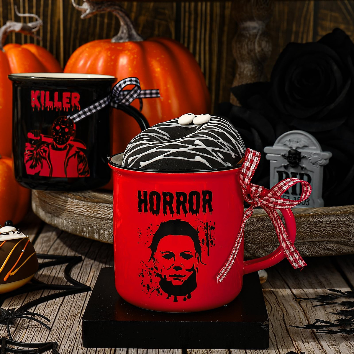 Whaline 4Pcs Halloween Mini Mugs with Plaid Ribbon Horror Movie Character Mini Coffee Mug Halloween Party Cups for Table Centerpieces Tiered Tray Decor Gifts