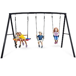 Hapfan 500lb Heavy Duty Swing Set for Backyard with Saucer Swing, 2 Belt Swings