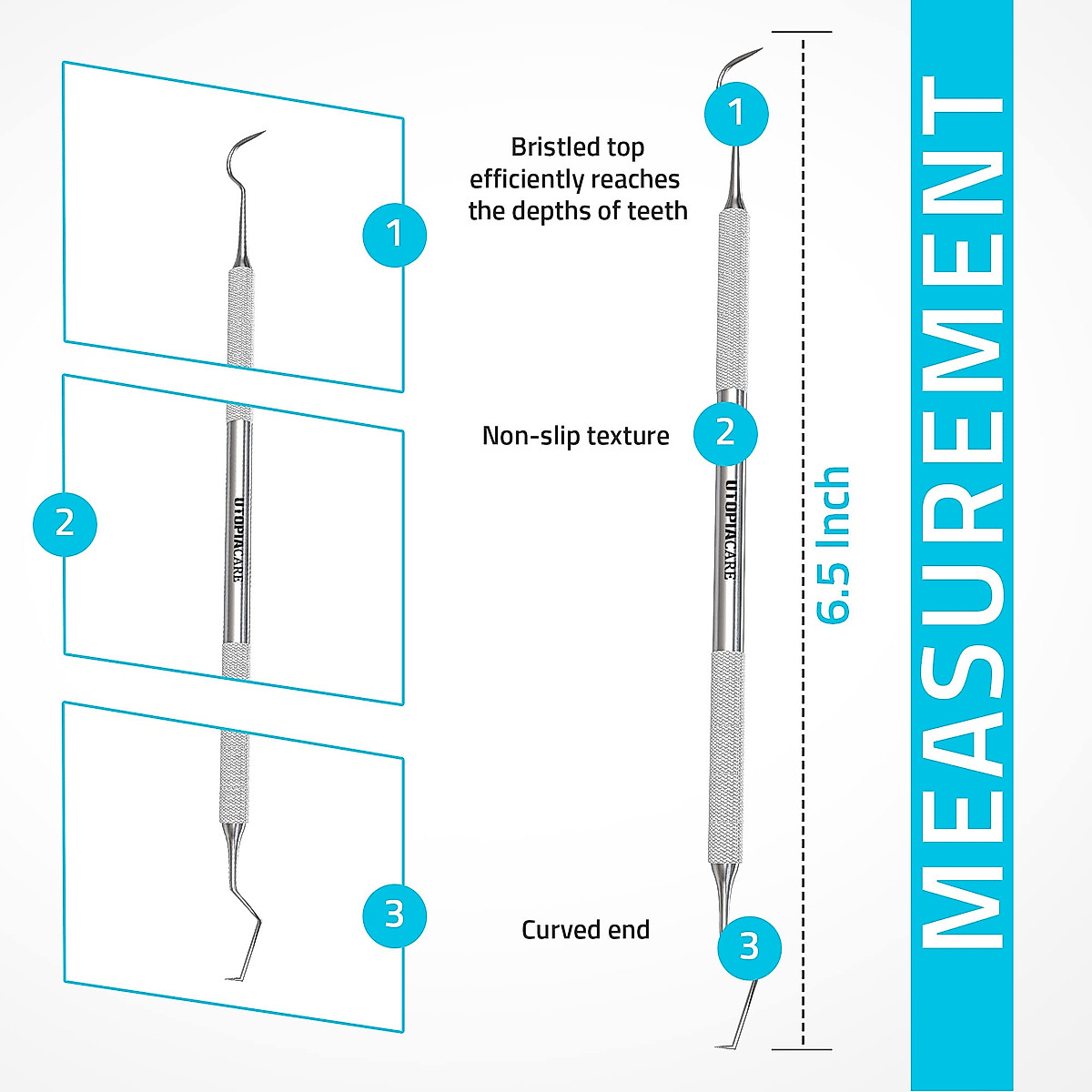 Utopia Care Professional Dental Tartar Scraper Tool - Dental Pick, Double Ended Tartar Remover for Teeth, Plaque Remover, Tooth Scraper (6.5 Inch, Silver, 1)