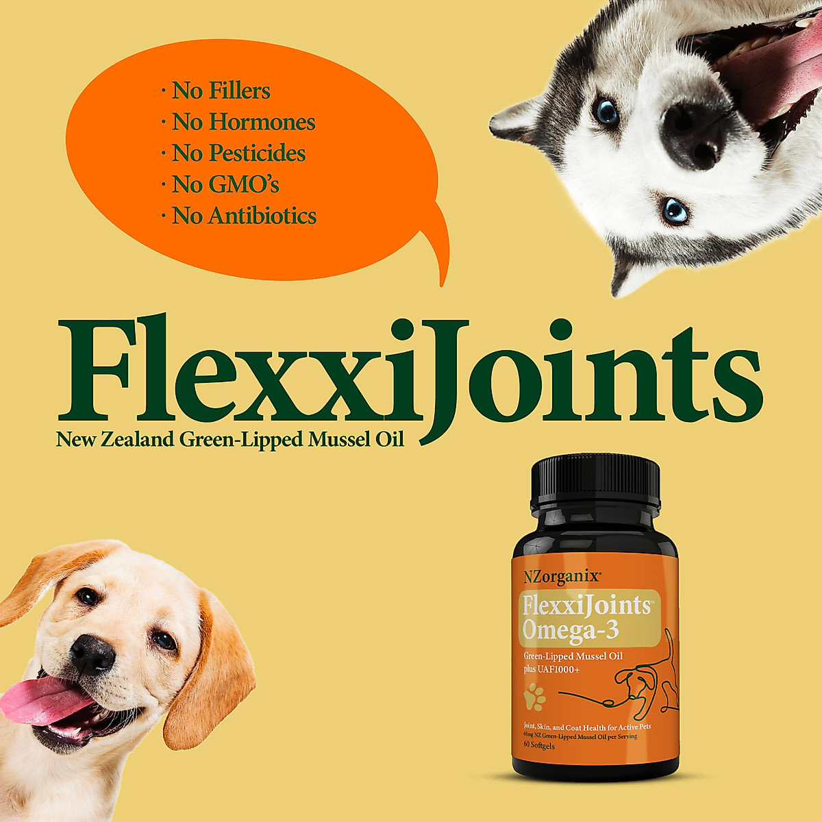 FlexxiJoints Omega-3 Hip and Joint Supplement • Green-Lipped Mussel Omega-3 Oil for Dogs • 100% New Zealand Green-Lipped Mussels (60 Softgels)