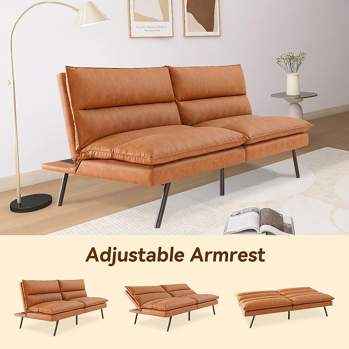 Hcore Convertible Sleeper Futon Couch,Small Splitback Modern Sofa Sofabed, Light Brown