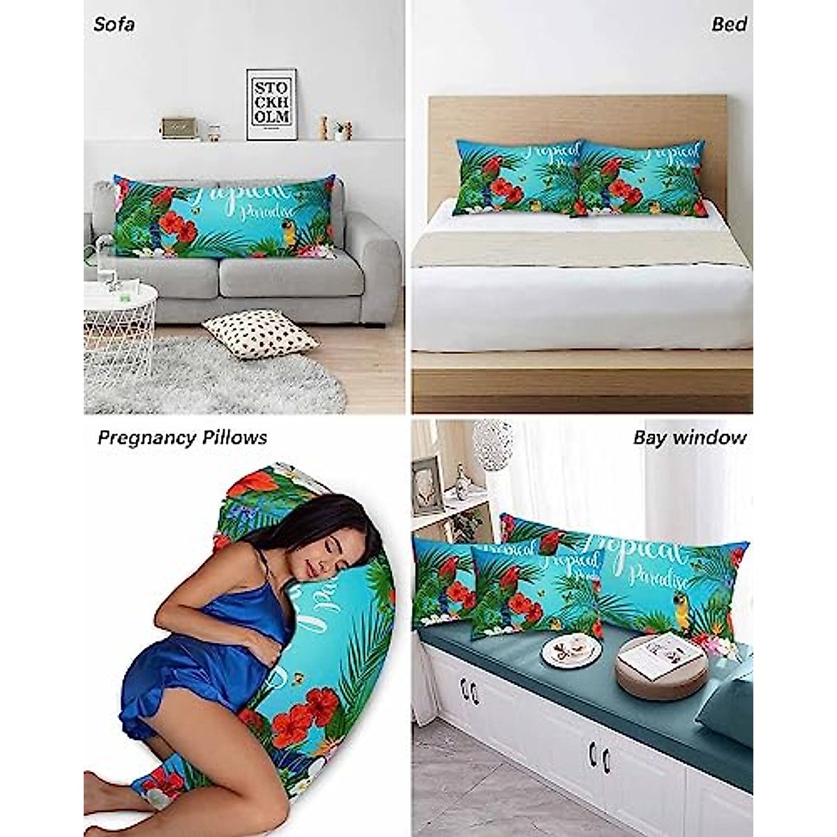 Tropical Plants Pillow Covers King Standard Set of 2 Bed Pillow, Colorful Summer Flowers Botanical Parrot Blue Plush Soft Comfort for Hair/ Skin Cooling Pillowcases with Envelop Closure 20''x36''