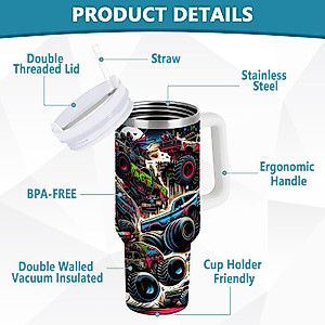 ALAZA Monster Trucks Cartoon Graffiti 40 oz Tumbler Stainless Steel Water Bottle Vacuum Insulated Cup with Straw Lid & Handle For Travel Car Cup Holder