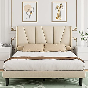 HOMBCK Full Size Bed Frame with Geometric Wingback Headboard, Modern Fabric Upholstered Platform Bed Frame Full with Strong Wood Slat Support, No Box Spring Needed, Easy Assembly, Beige