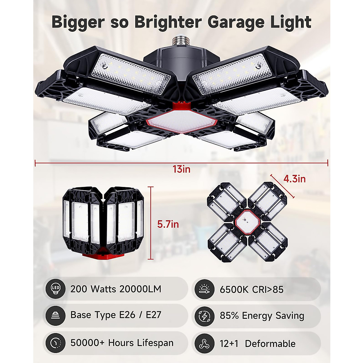 Yiliaw 200W Super Bright LED Garage Light 20000LM Shop Lights with 12 Adjustable Panels, 6500K Daylight Deformable Ceiling Light Fixture, Screw in Garage Lights Bulb for Warehouse Workshop Office